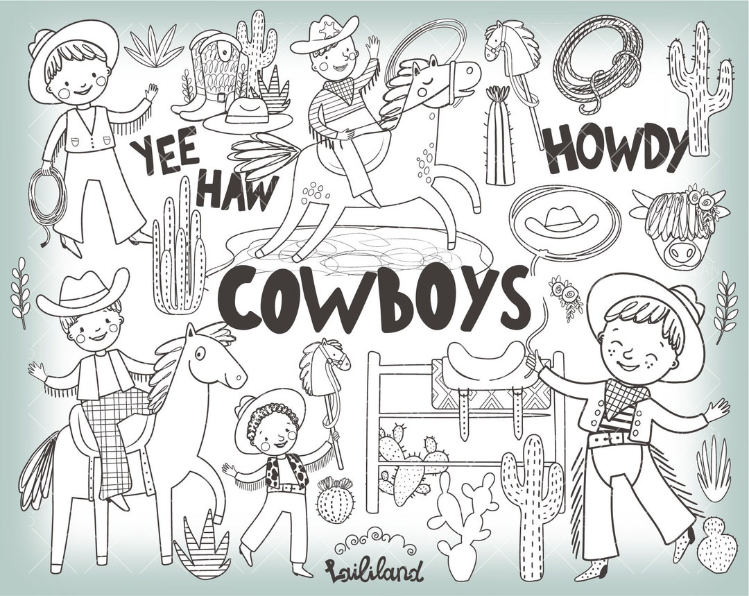 Cowboy Black and White Clipart: Western Doodle Line Art (PNG, EPS, SVG ...