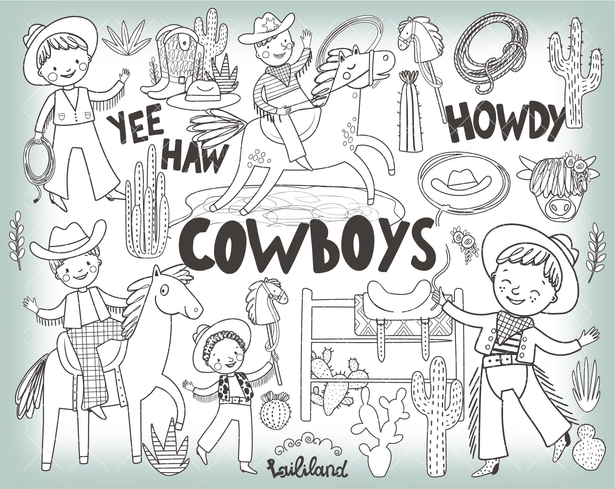 Cowboy Black and White Clipart: Western Doodle Line Art (PNG, EPS, SVG ...