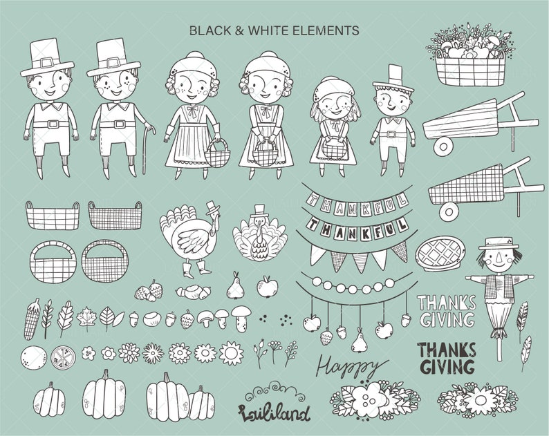 Thanksgiving Black and White Clipart Happy Thanksgiving - Etsy