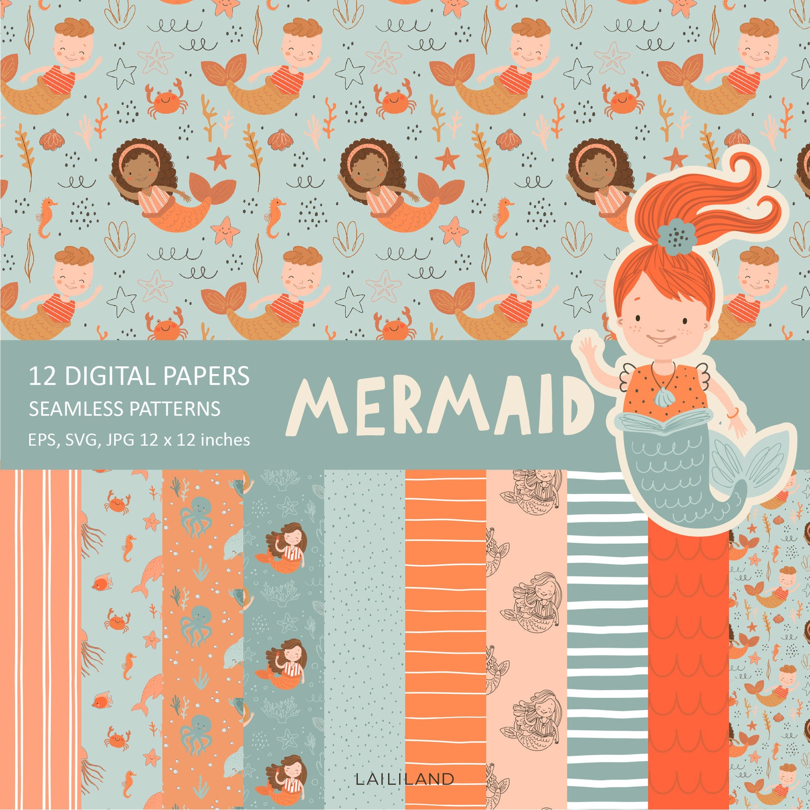 Mermaid Digital Paper Sea Seamless Pattern Ocean Digital | Etsy