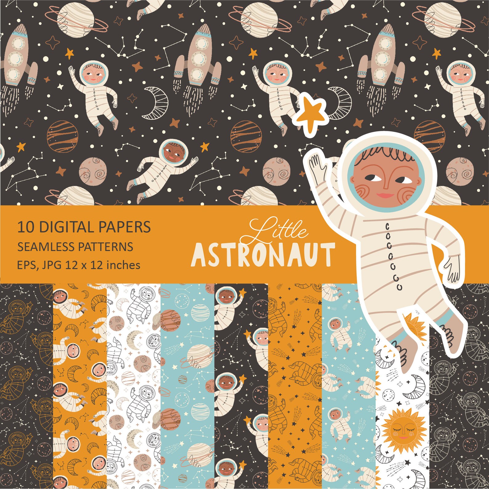 Space Digital Paper Little Astronaut Seamless Pattern Set - Etsy