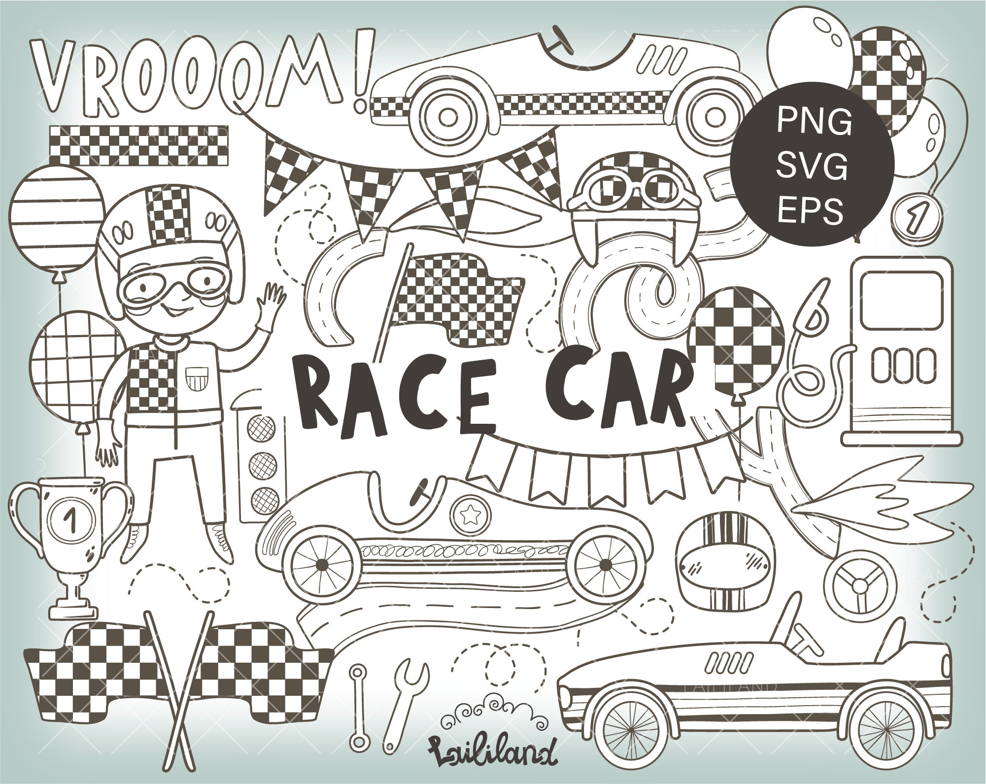 Race Car Doodle Clipart Kids Black and White Clip Art Racing - Etsy UK