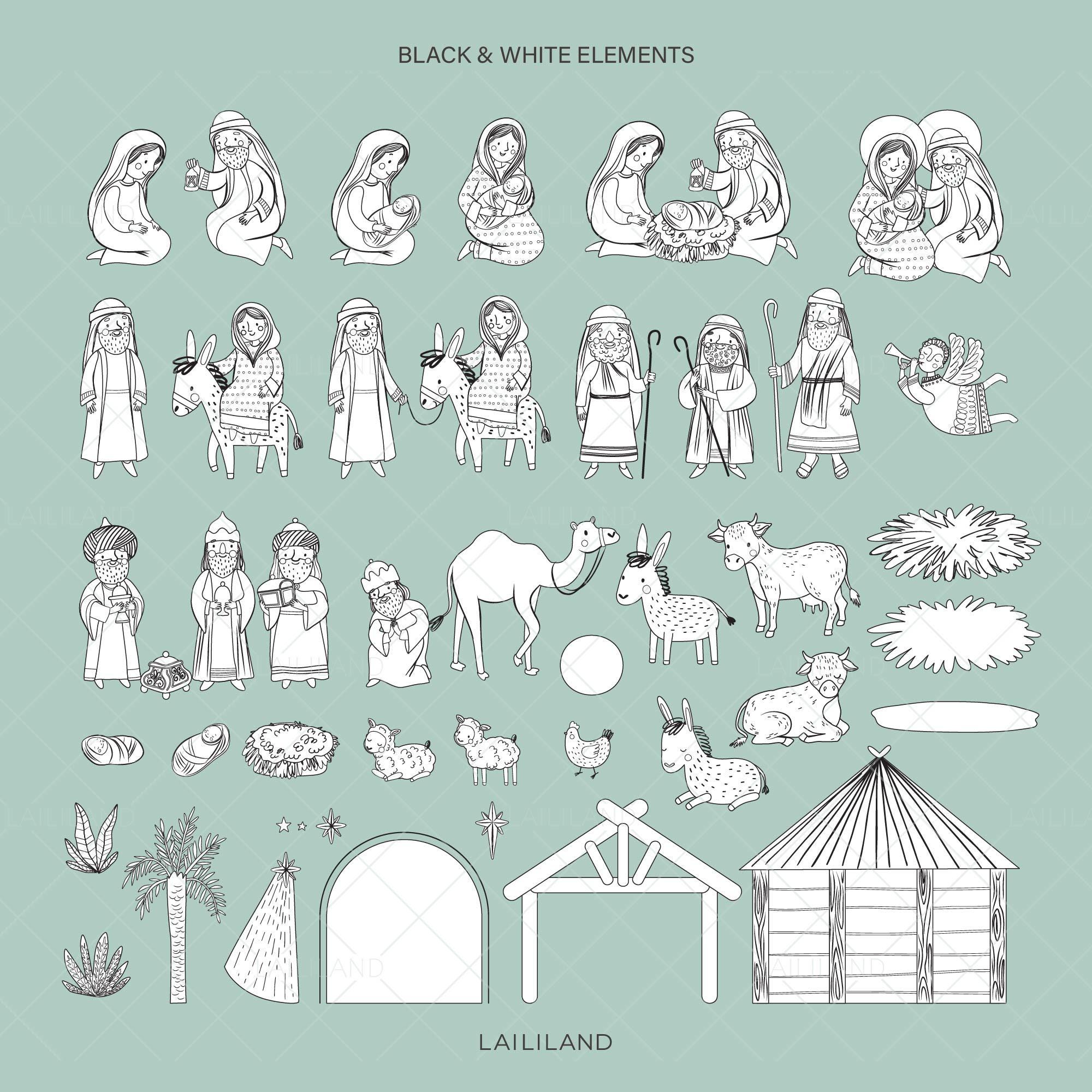 Nativity Scene Clipart: Black and White Hand-drawn Holy Family Doodles ...