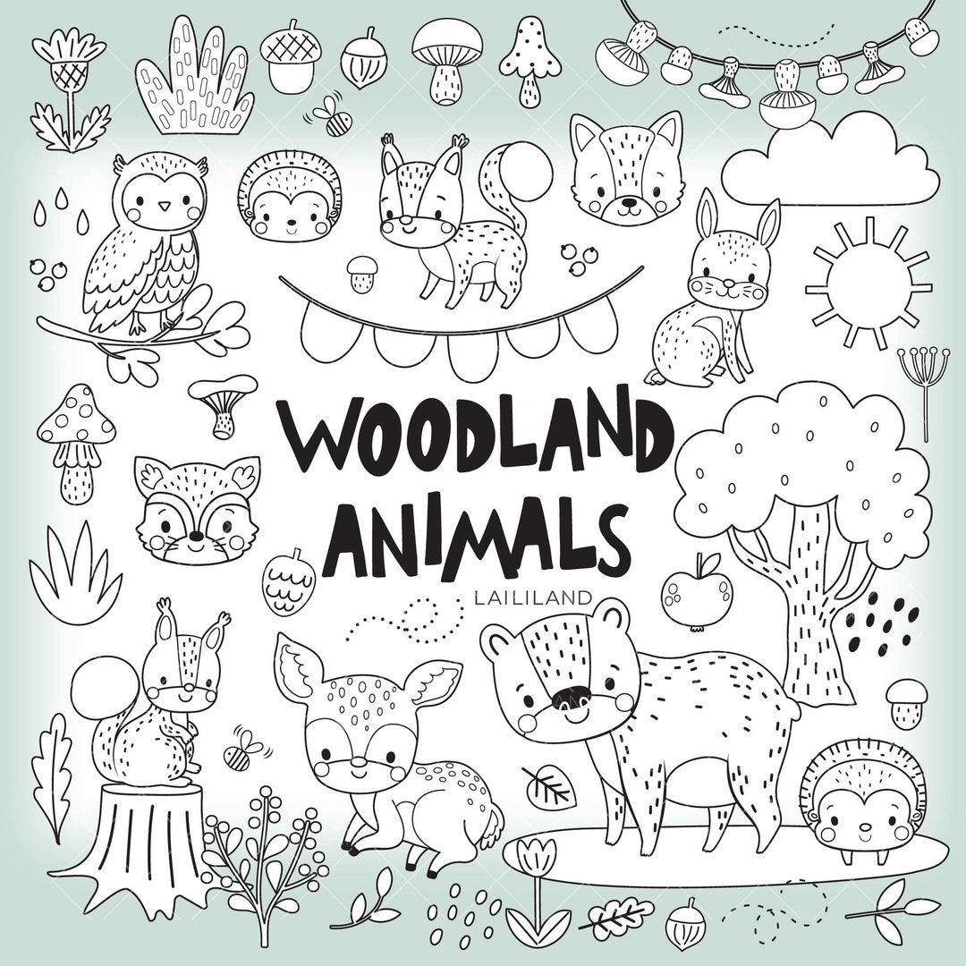 Woodland Animals Black and White Clipart, Forest Animals Doodle Clip ...