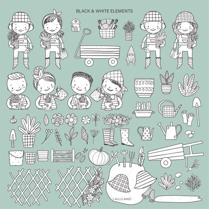 Gardening Black White Clipart Gardening Supplies Doodle Clip - Etsy