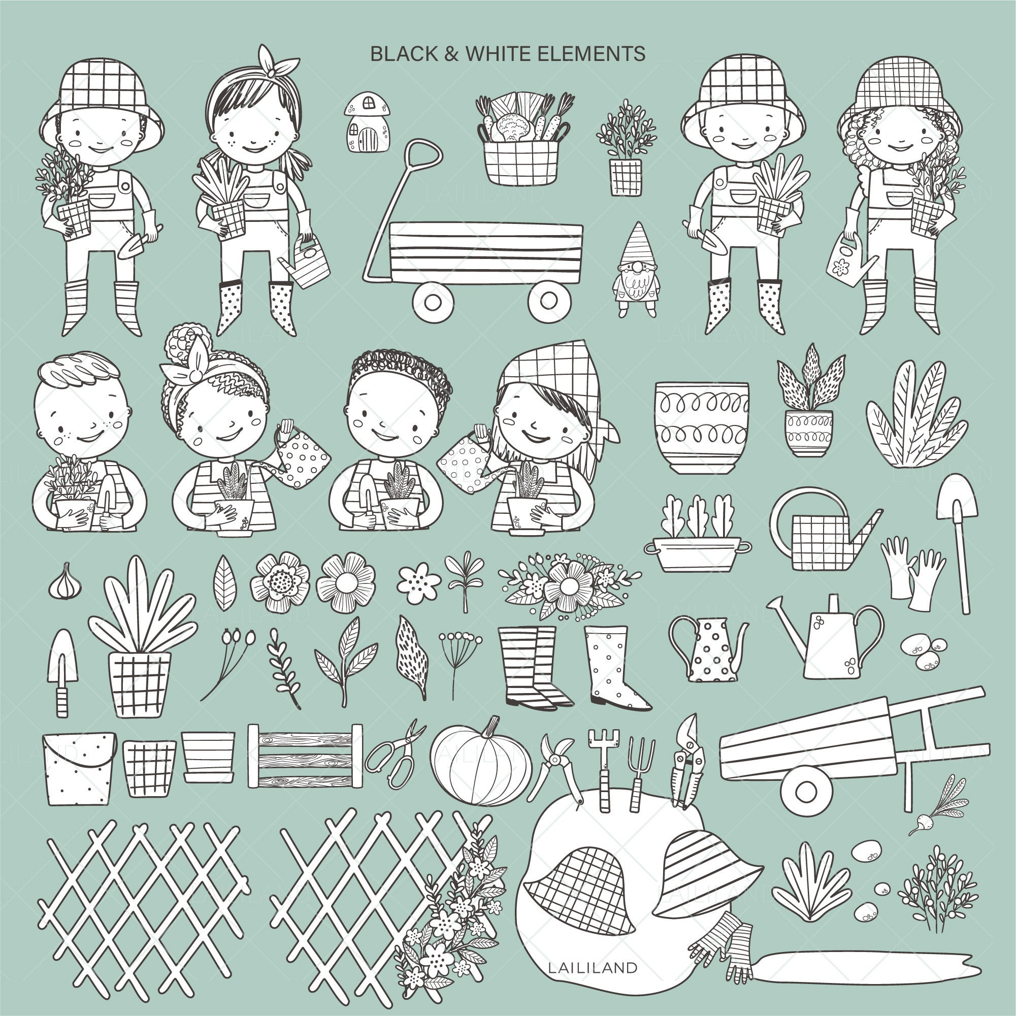 Gardening Black White Clipart Gardening Supplies Doodle Clip - Etsy