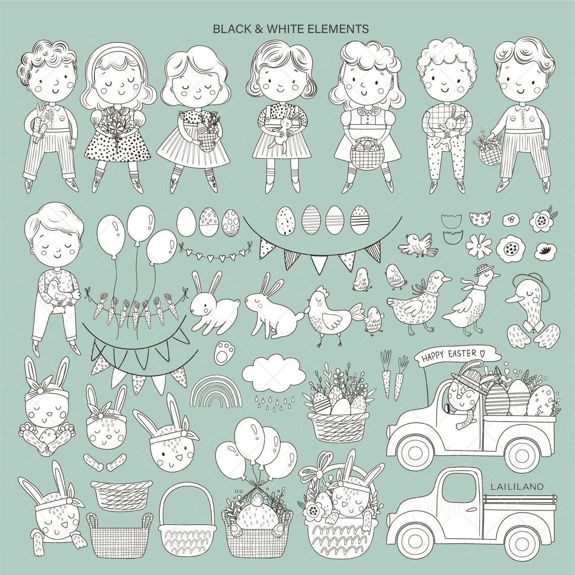 Easter Black and White Clipart Easter Kids Doodle Clip Art - Etsy