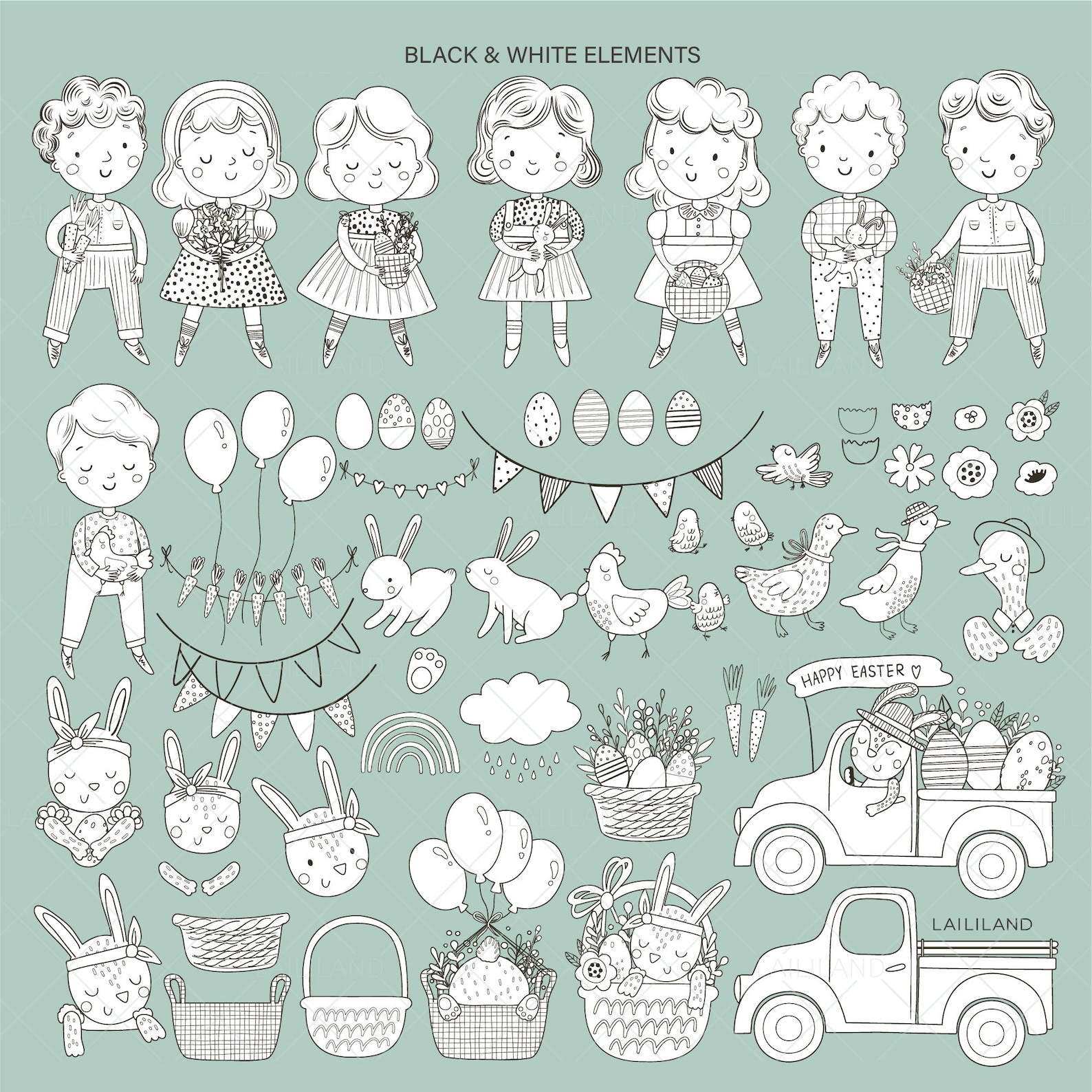 Easter Black and White Clipart Easter Kids Doodle Clip Art - Etsy
