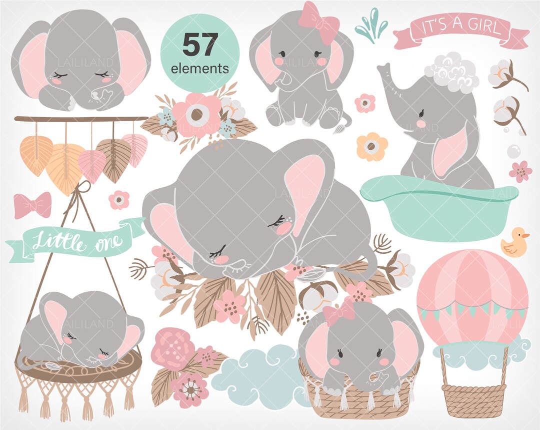Baby Shower Clipart, Baby Elephant Clipart, Girl Elephant Clip Art ...