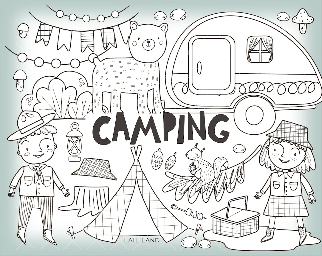 Camping Black and White Clipart: Kids Hobby Doodle Line Art (digital ...