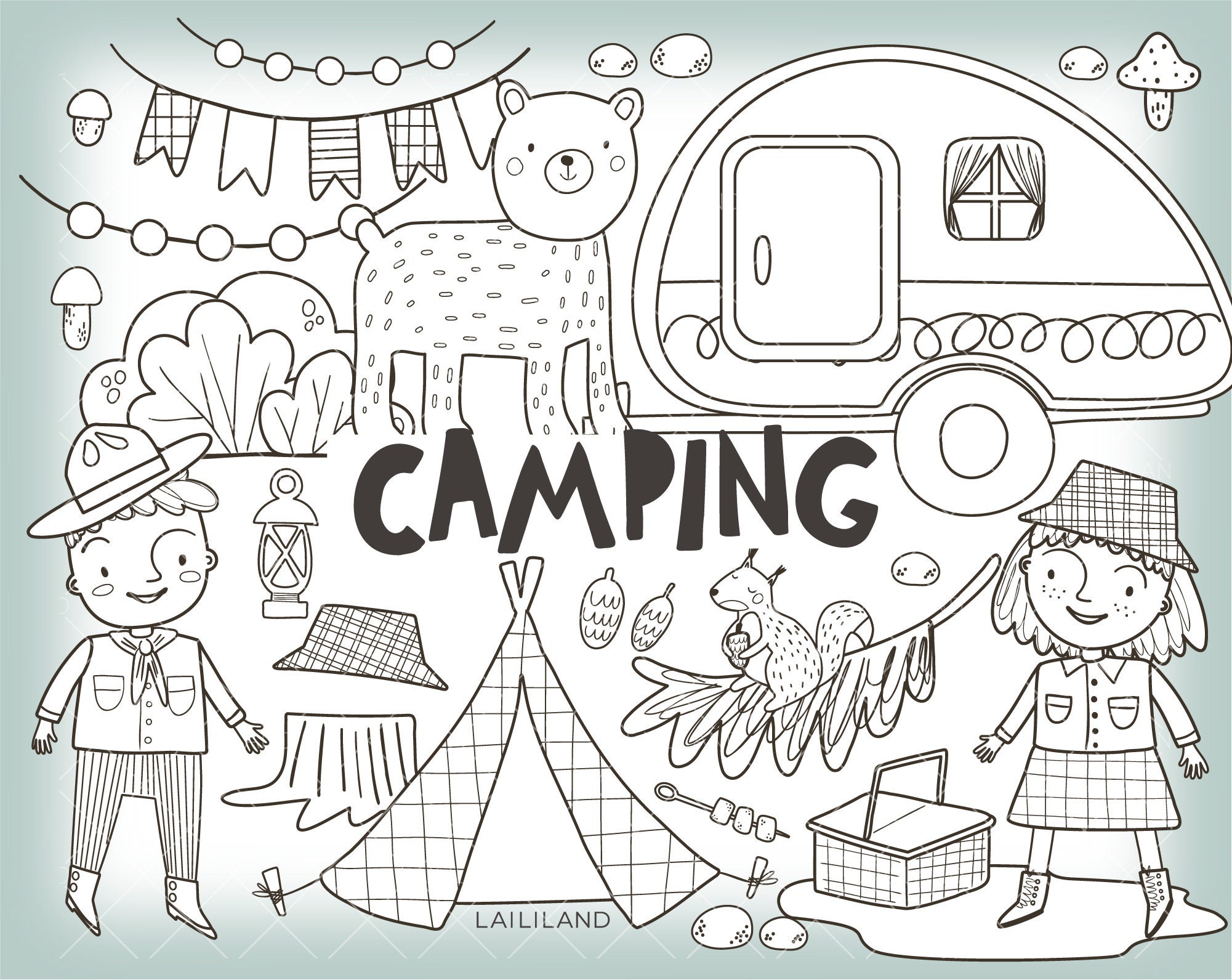 Camping Black And White Clip Art