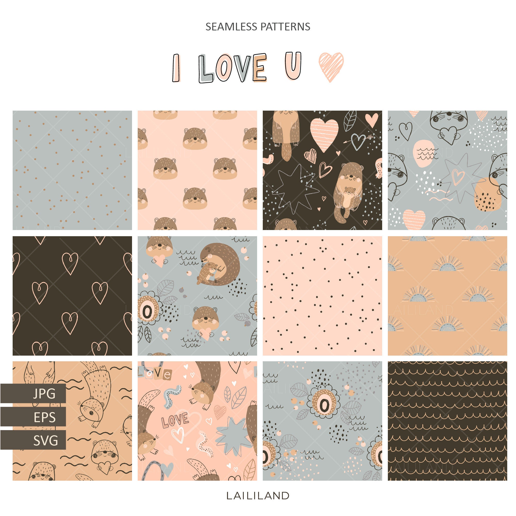 Otter Digital Paper Animal Seamless Pattern Love Digital | Etsy