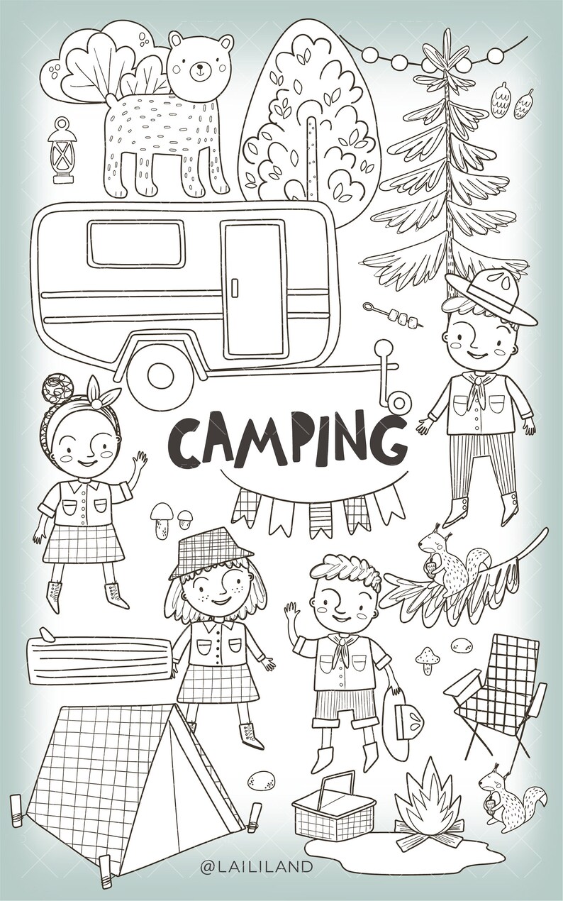 Camping Black and White Clipart: Kids Hobby Doodle Line Art (digital ...