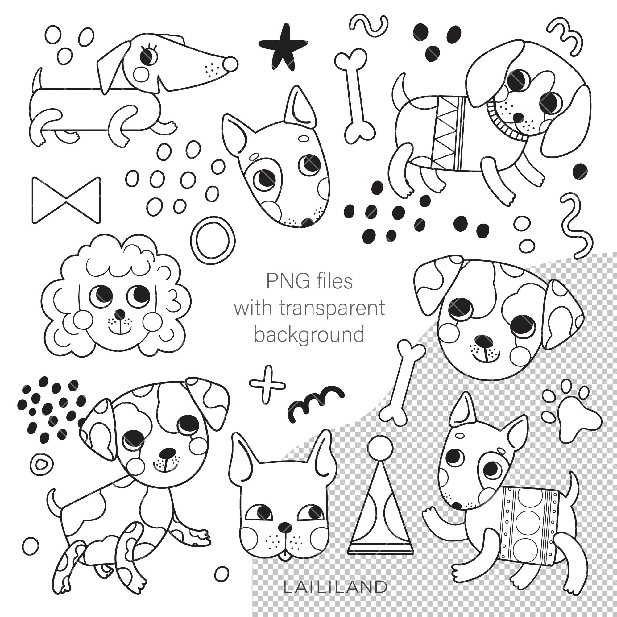 Dogs Black and White Clipart Dog Doodle Clip Art Dog Face - Etsy