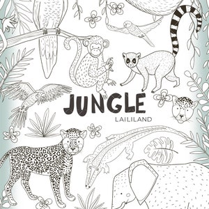 Jungle Animal Black and White Clipart: Safari Line Art (PNG, EPS, SVG ...
