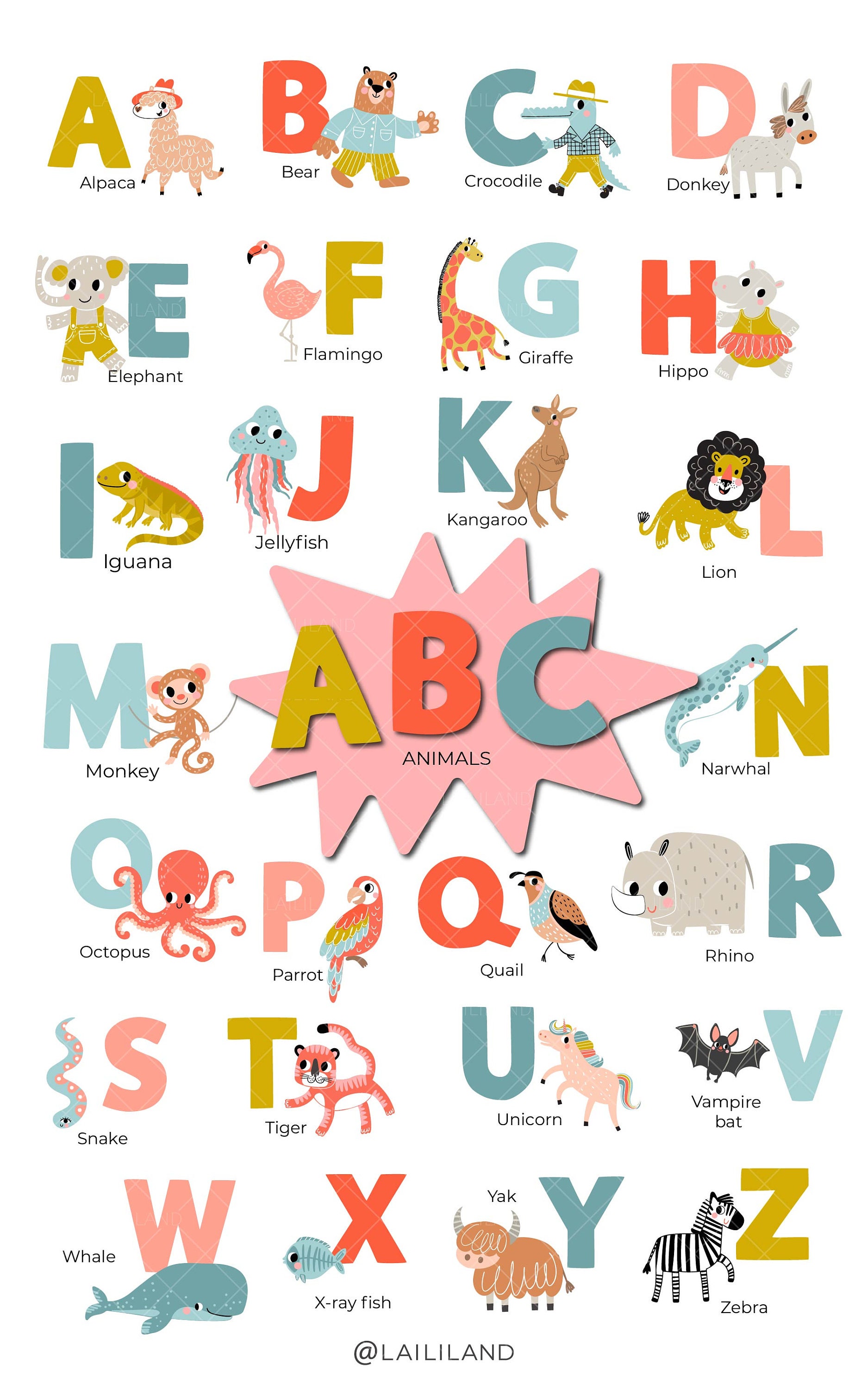 Animal Alphabet Clipart, ABC Clip Art, Cute Animals Png Files, Alphabet ...