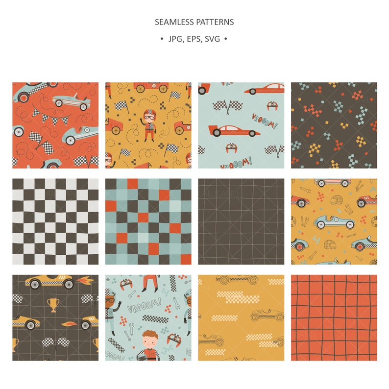 Race Car Digital Paper: Kids Seamless Pattern (JPG, EPS, SVG) - Etsy