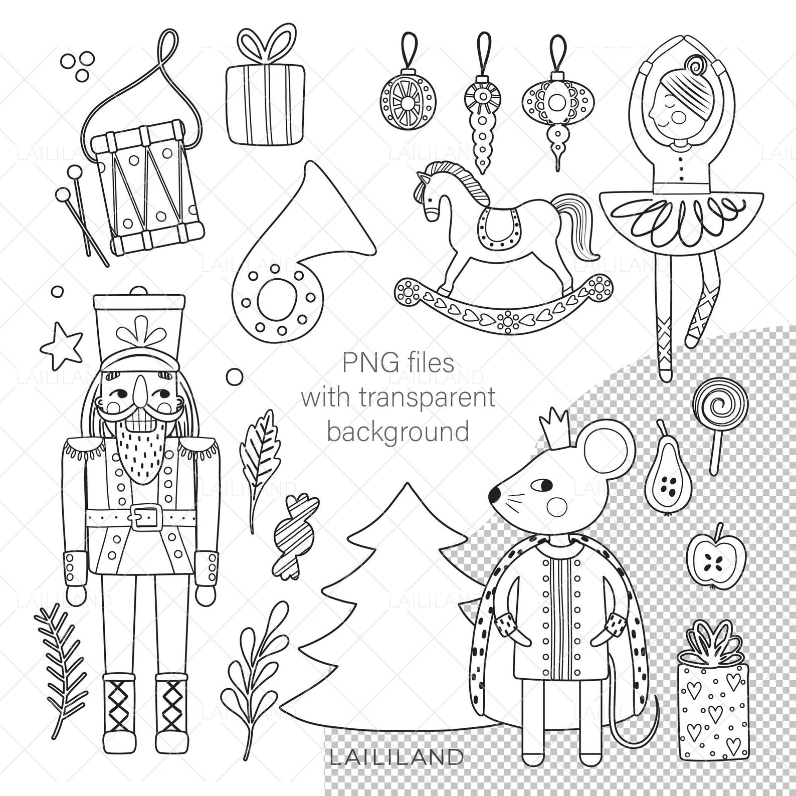 Nutcracker Black and White Clipart: Christmas Doodle Line Art (digital ...