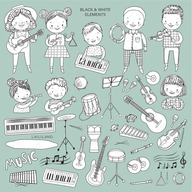 Music Black and White Clipart Musical Instruments Doodle - Etsy