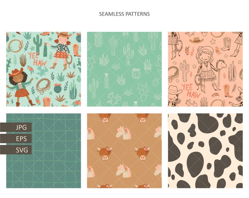 Cowgirl Digital Paper Kids Seamless Pattern Western Girl | Etsy