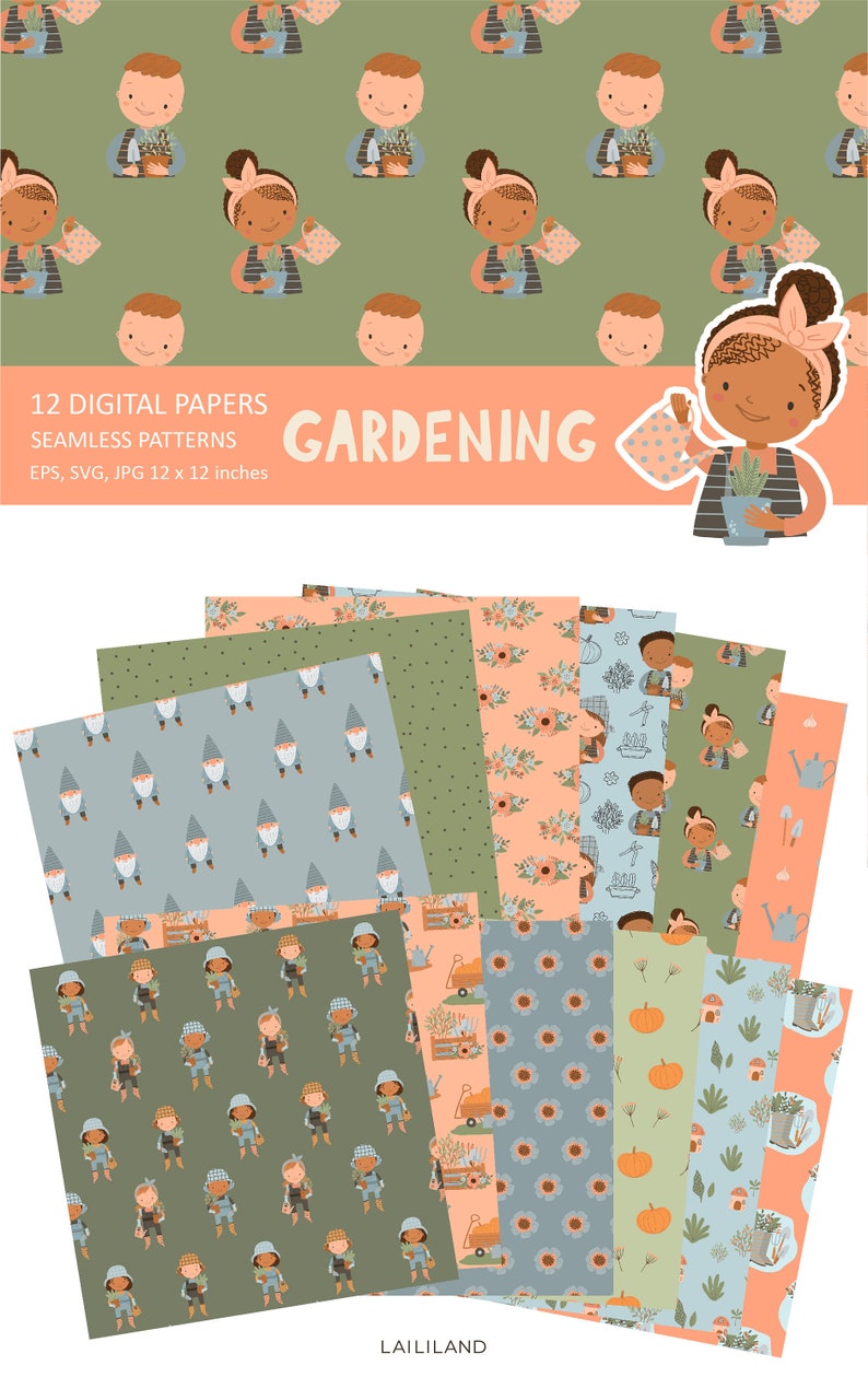 Gardening Digital Paper Kids Seamless Pattern Summer Digital - Etsy