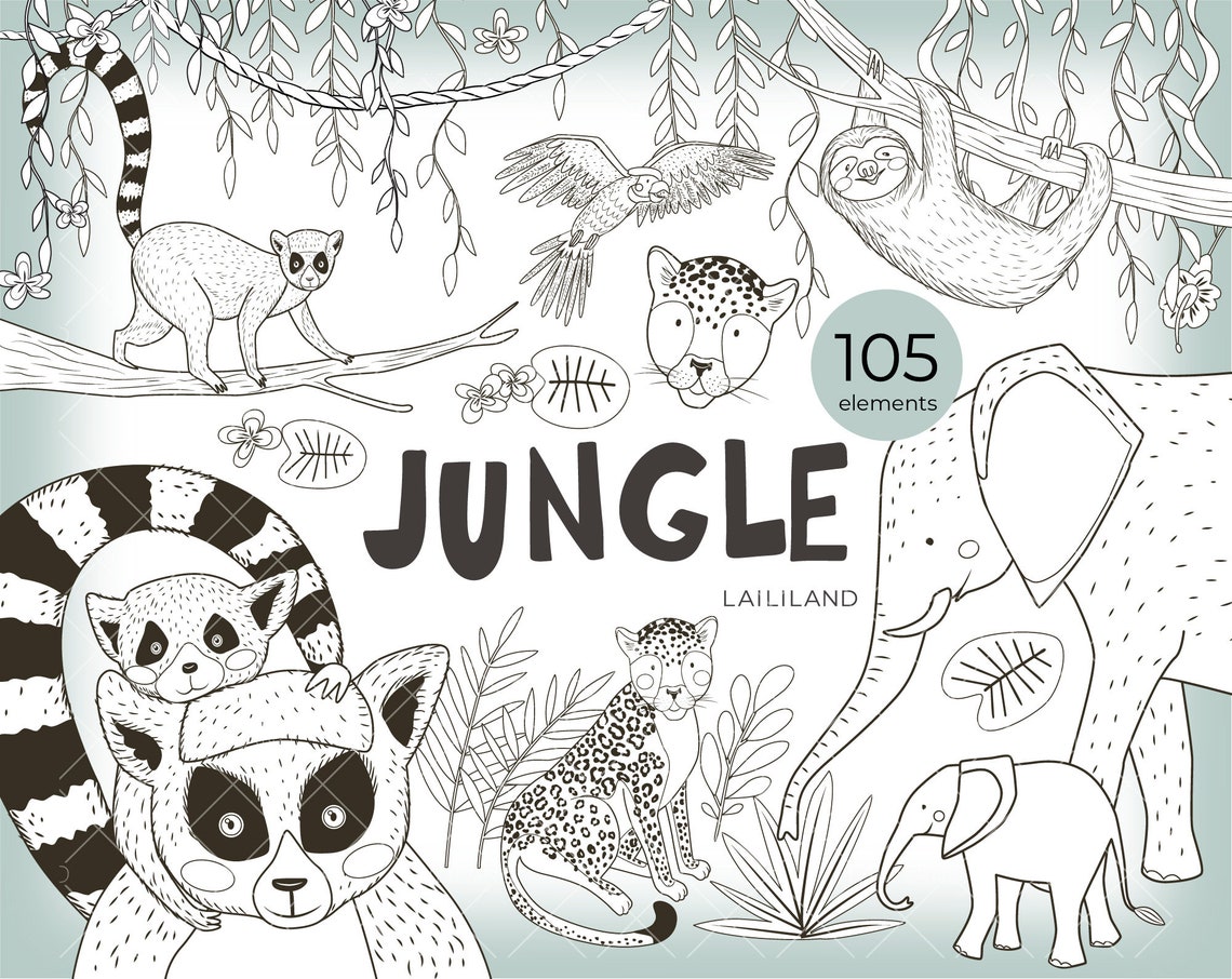 Jungle Animal Black and White Clipart Safari Doodle Clip Art | Etsy