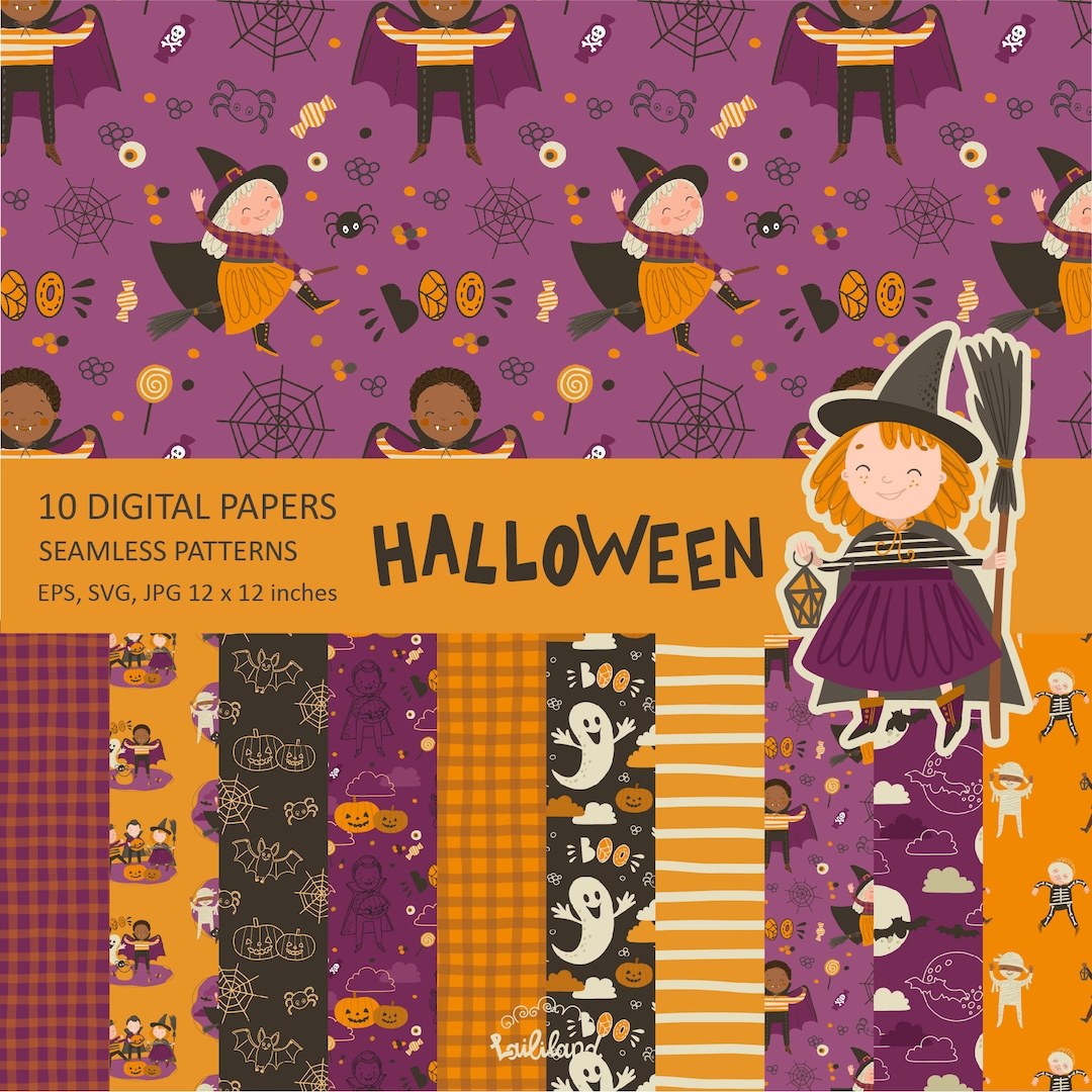 Halloween Digital Paper: Kids Seamless Pattern (JPG, EPS, SVG) (instant ...