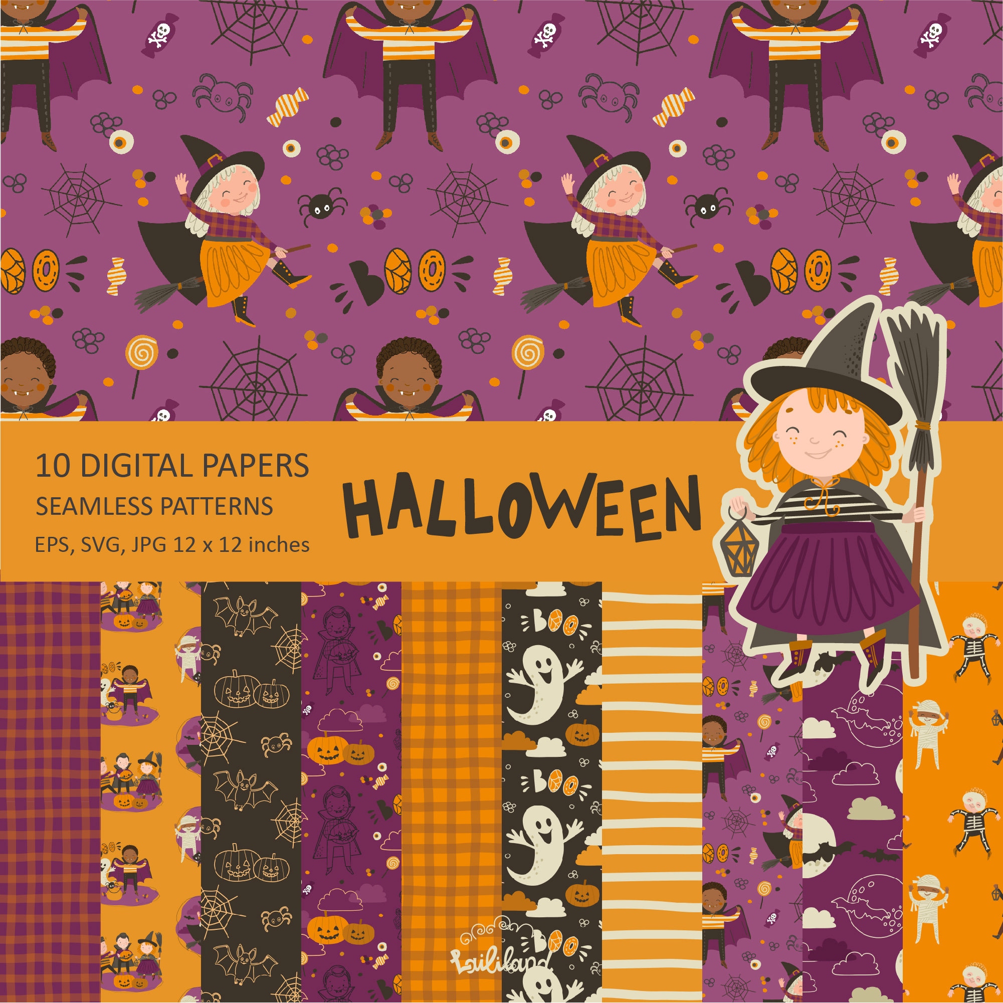 Halloween Digital Paper: Kids Seamless Pattern (JPG, EPS, SVG) (instant ...