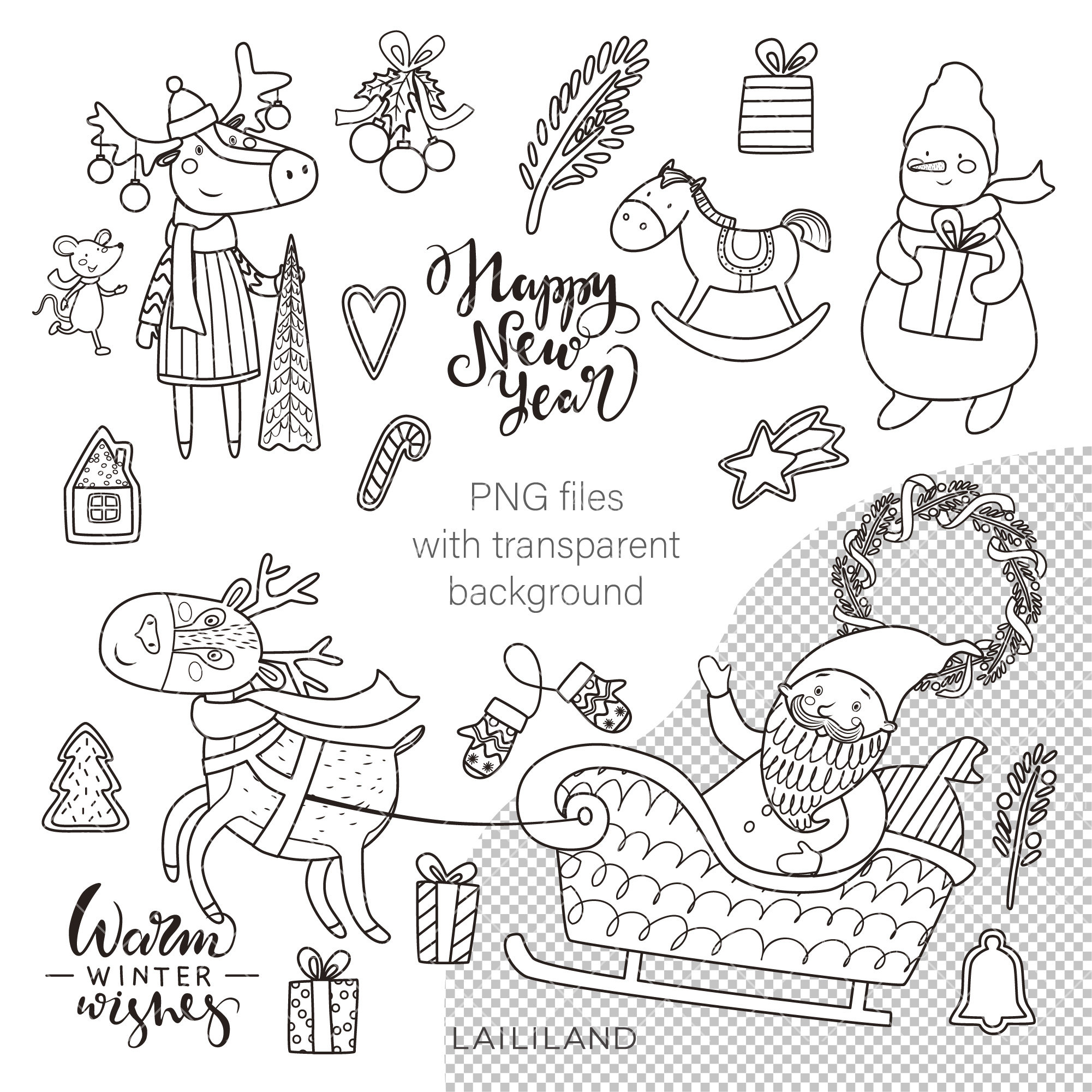 Christmas Black and White Clipart: Doodle Holiday PNG and EPS Files ...