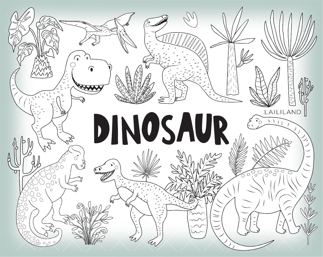 Dinosaur Black and White Clipart, Dinosaurs Doodle Clip Art, Dino ...