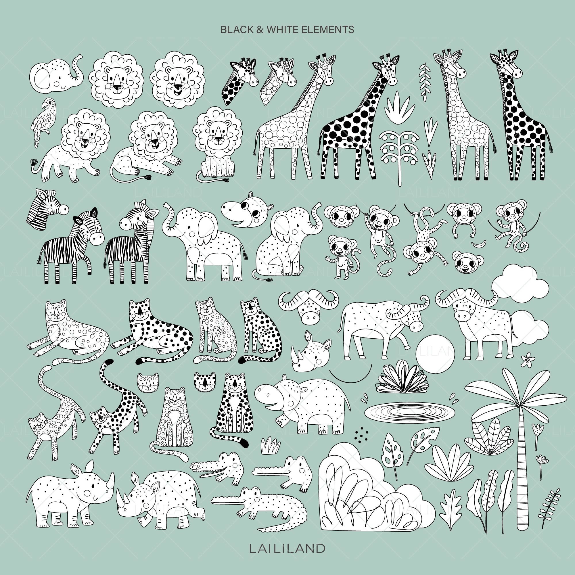 Safari Animal Doodle Clipart: African Animals Line Art PNG, SVG, EPS ...