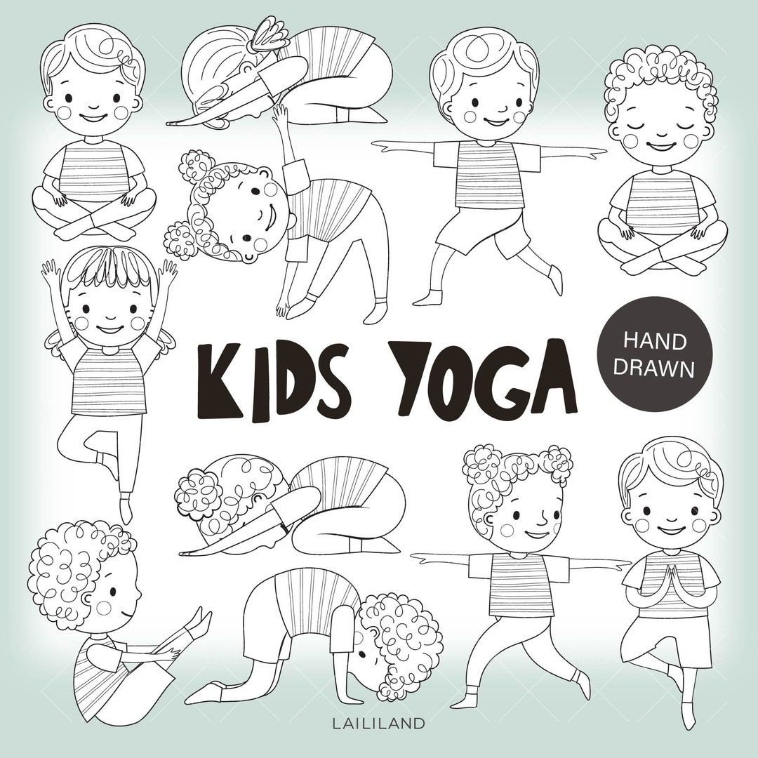 Kids Yoga Black and White Clipart, Yoga Poses Doodle Clip Art, Children ...