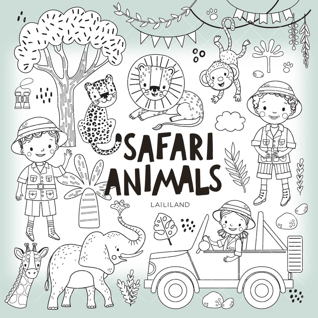 Safari Animal Line Art Clipart: Black and White Doodles, PNG, EPS Giles ...