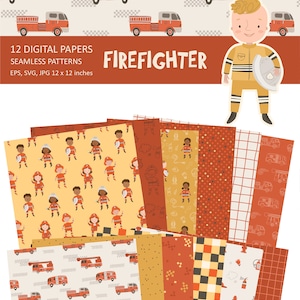 Firefighter Digital Paper, Fireman Seamless Paper, Kids Firefighter ...