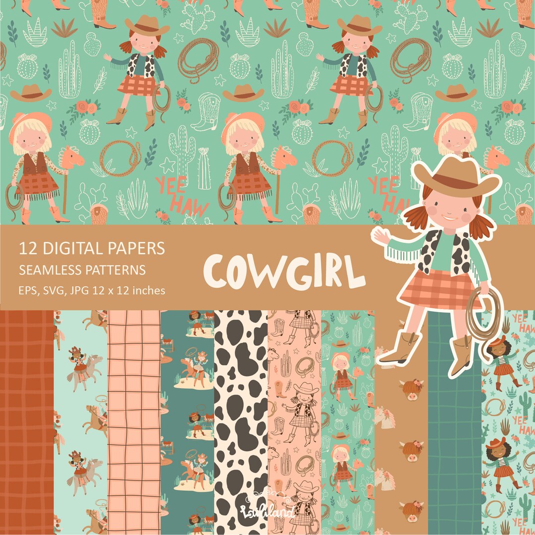 Cowgirl Digital Paper, Kids Seamless Pattern, Western Girl Digital ...