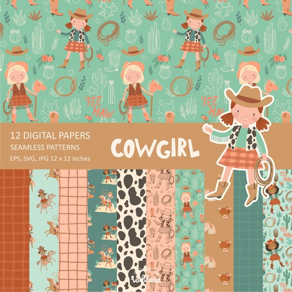 Cowgirl Digital Paper Kids Seamless Pattern Western Girl | Etsy