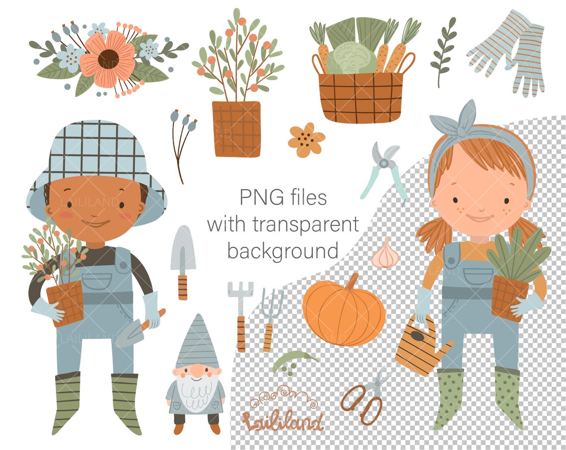 Gardening Clipart Gardening Girl and Boy Png Files Kids | Etsy