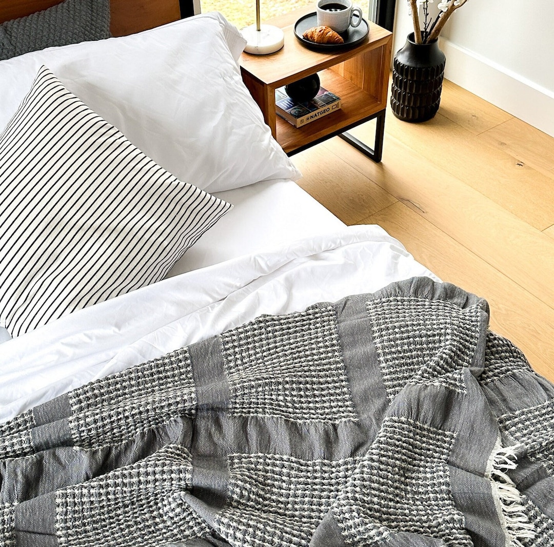 Waffle Blanket Throw Gray, Waffle Bedding Gift, Home Decor Ideas ...
