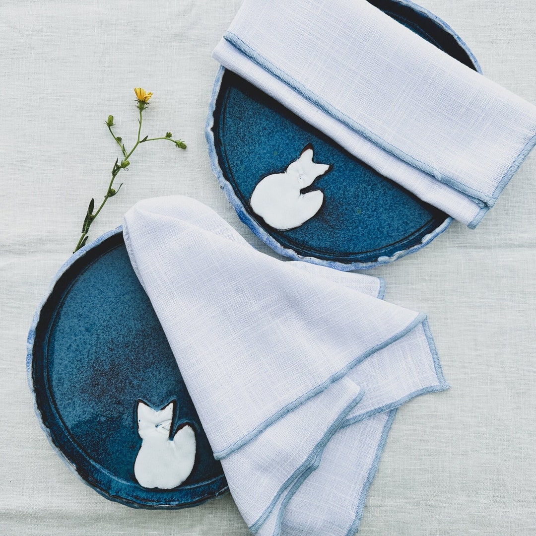 Table Napkins Cotton, Set of 2, 4, White Napkin Set With Contrast Blue ...
