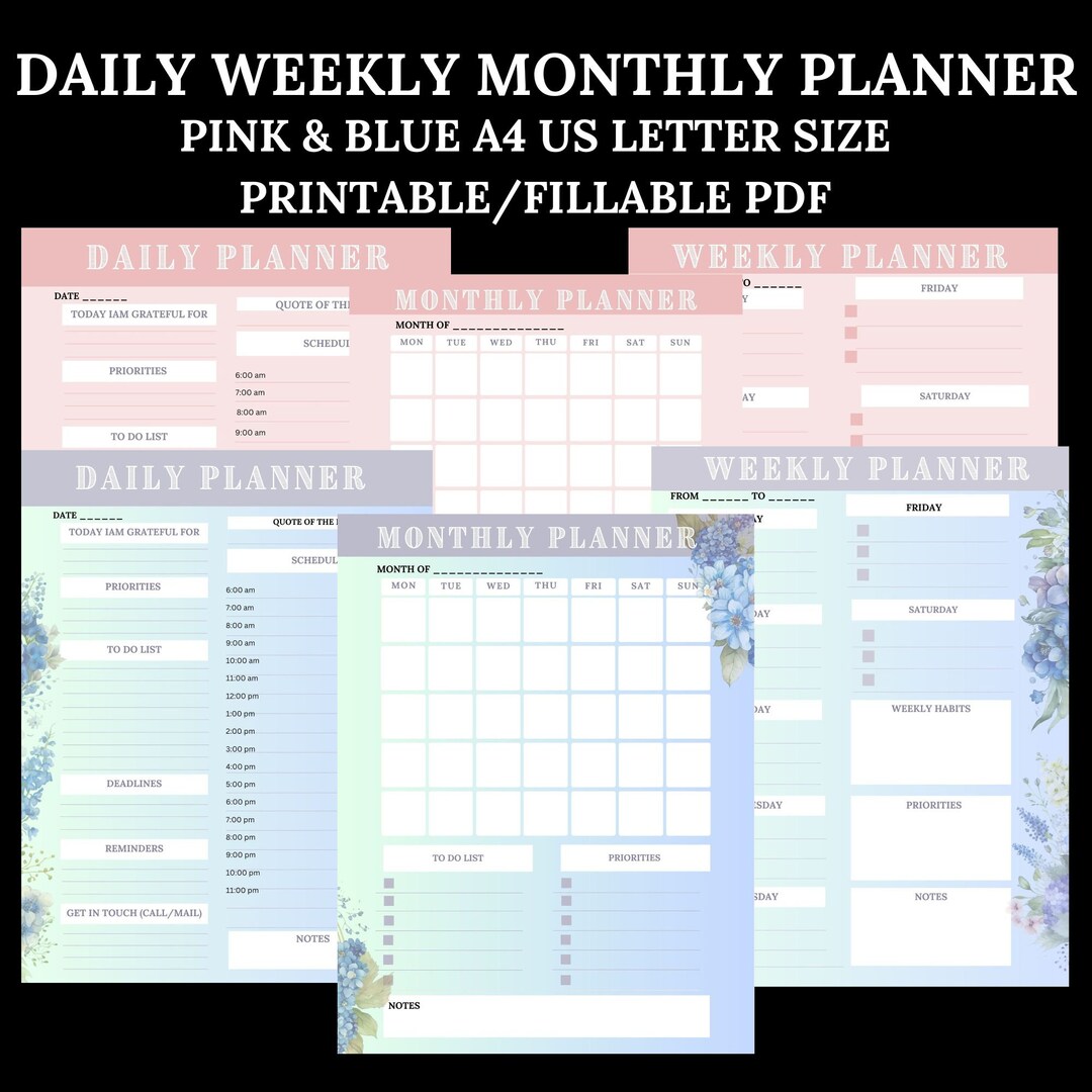 Daily Weekly Monthly Digital Printable Planner Set Instant Download A4 ...