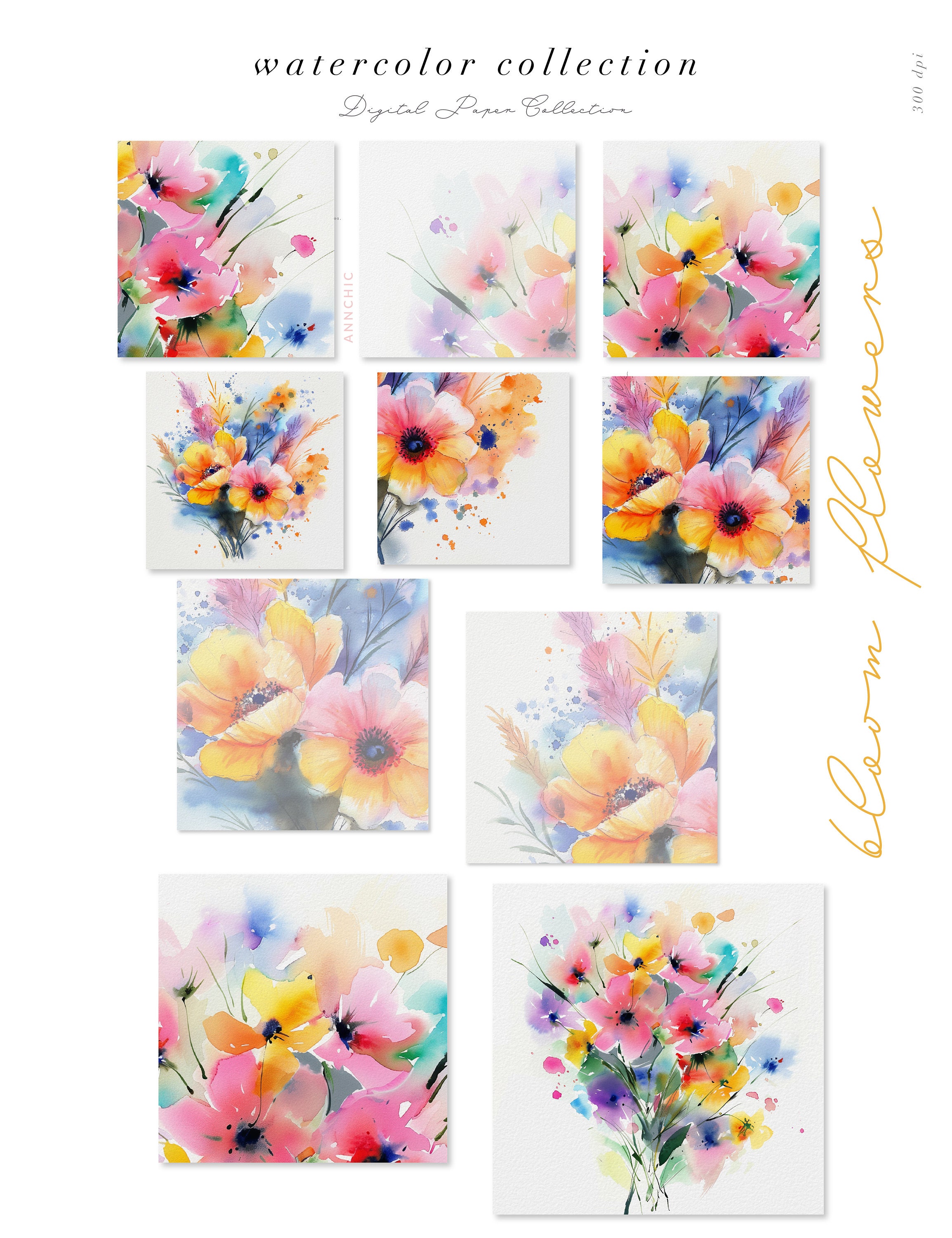Watercolor Flowers, Digital Paper Abstract Flowers, Summer Bouquets ...