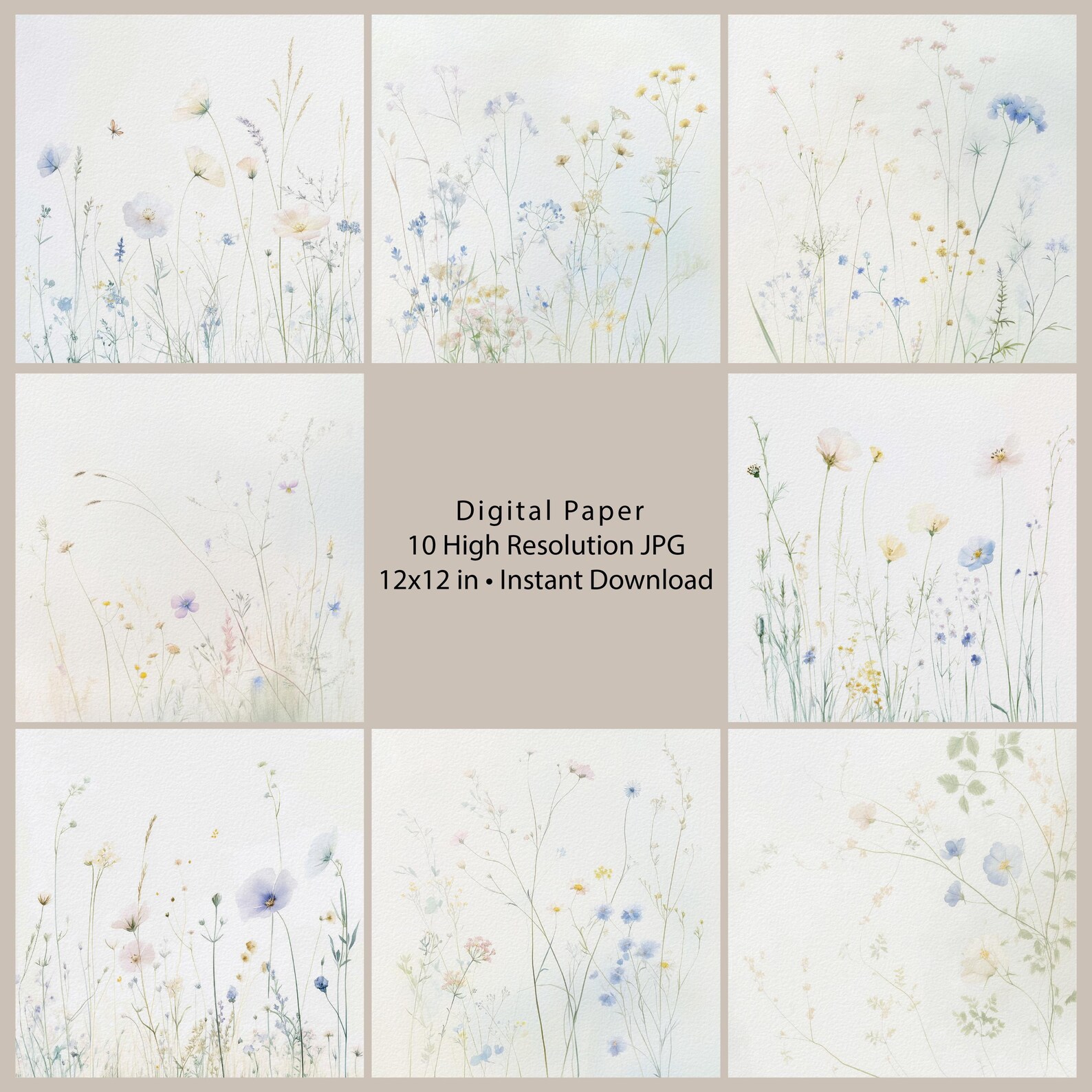 Whispering Meadow Digital Paper Pack, Watercolor Wildflower Backgrounds ...