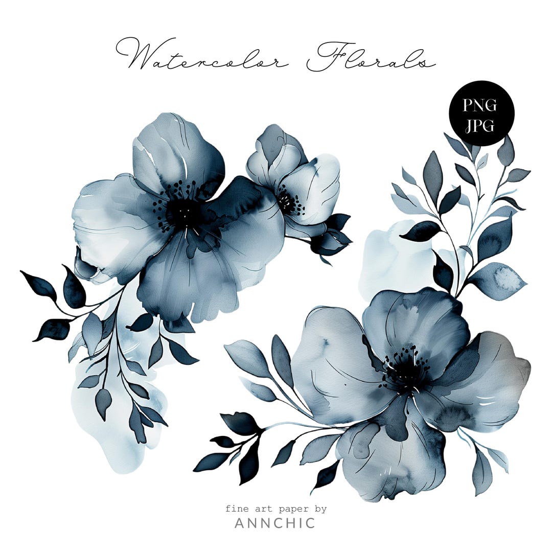 Blue Watercolor Flower, Floral Clipart, Watercolor Painting, Dusty Blue ...