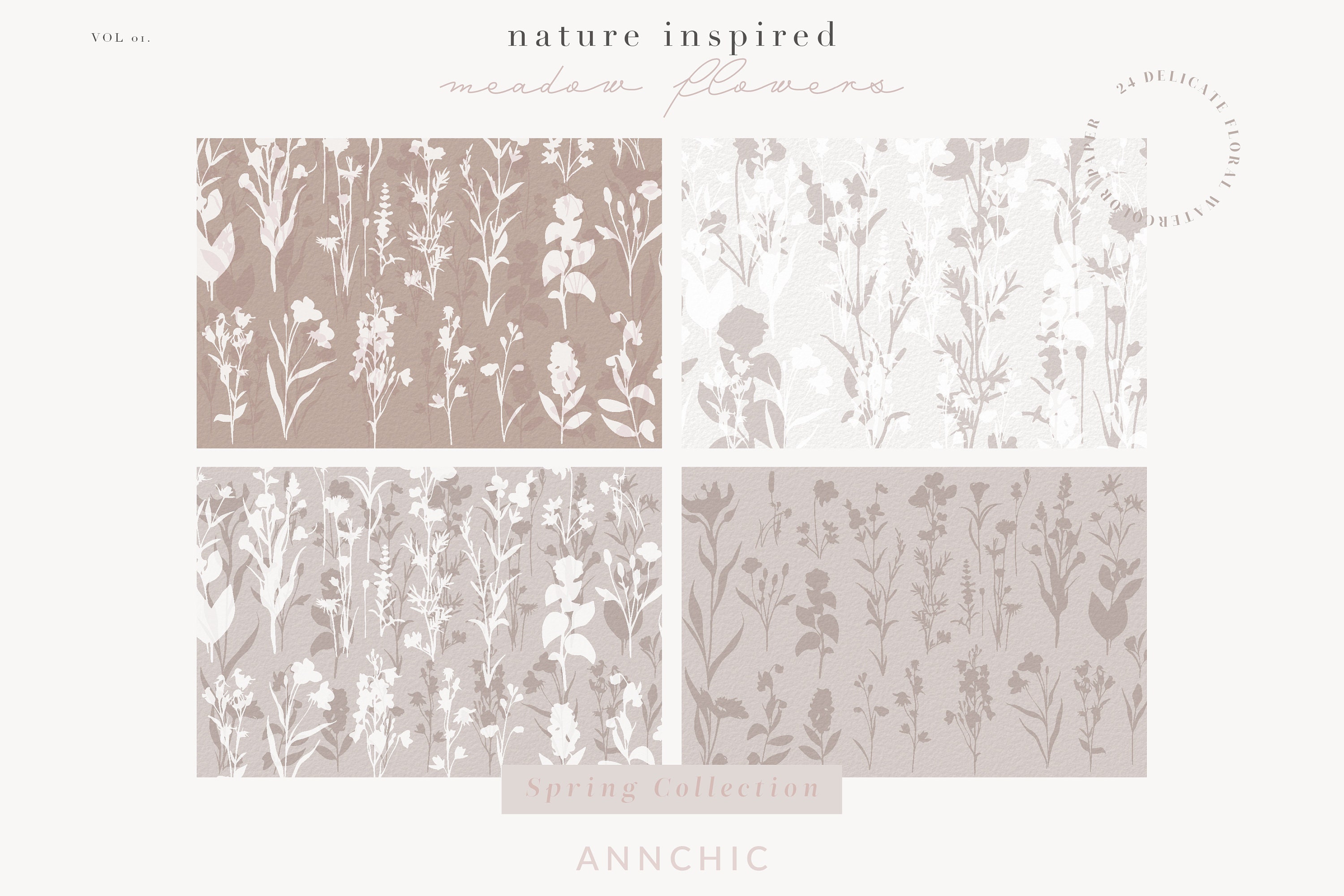 Meadow Flower Digital Paper Watercolor Floral Pattern, Herb Botanical ...