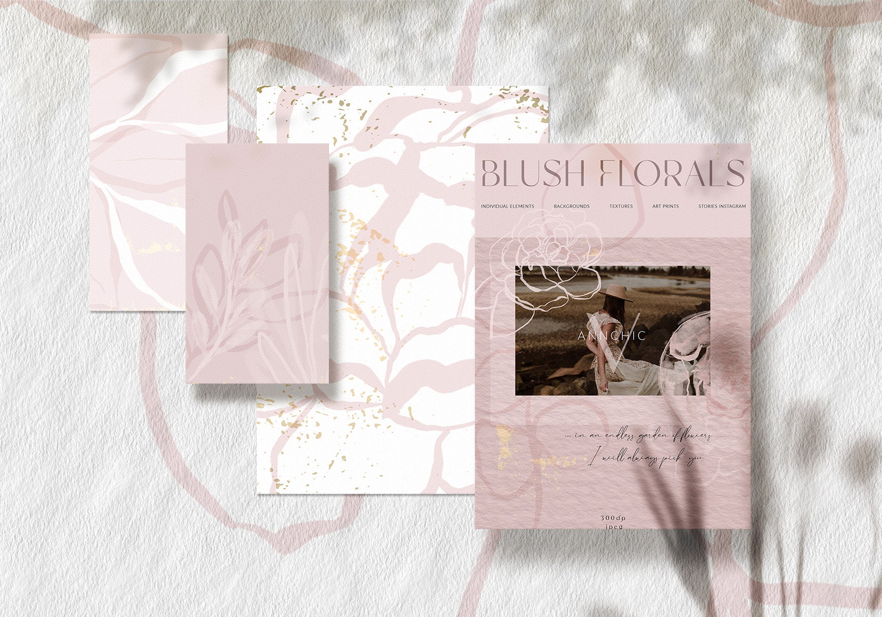 Blush Digital Paper, Pink Gold Marble Textures, Floral Digital Paper ...