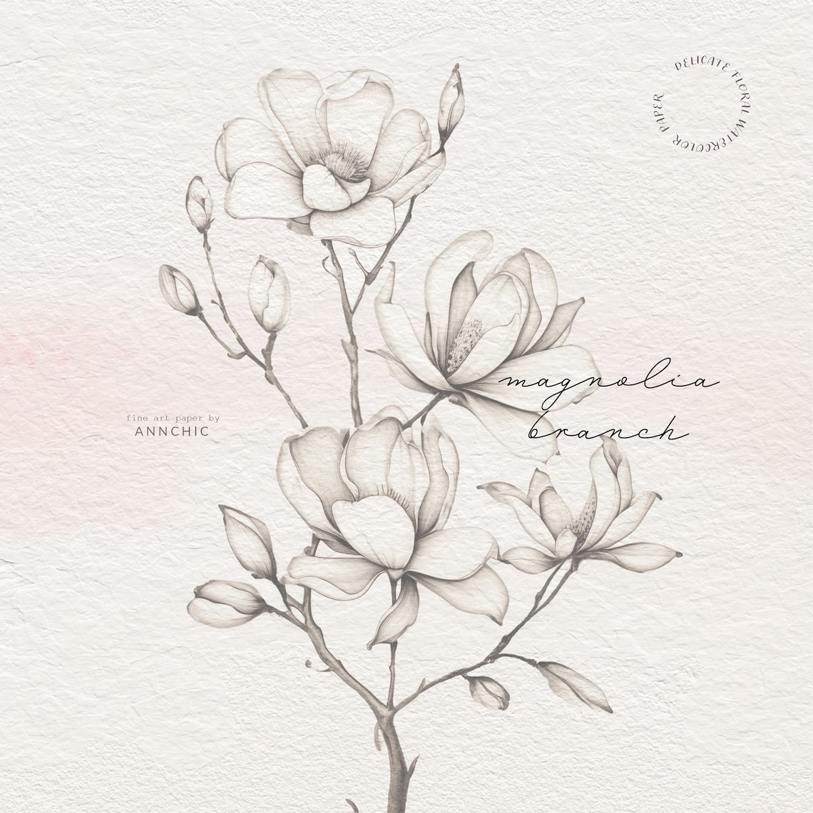 Magnolia Branch Sketch Print, Floral Digital Paper, Watercolor Paper ...