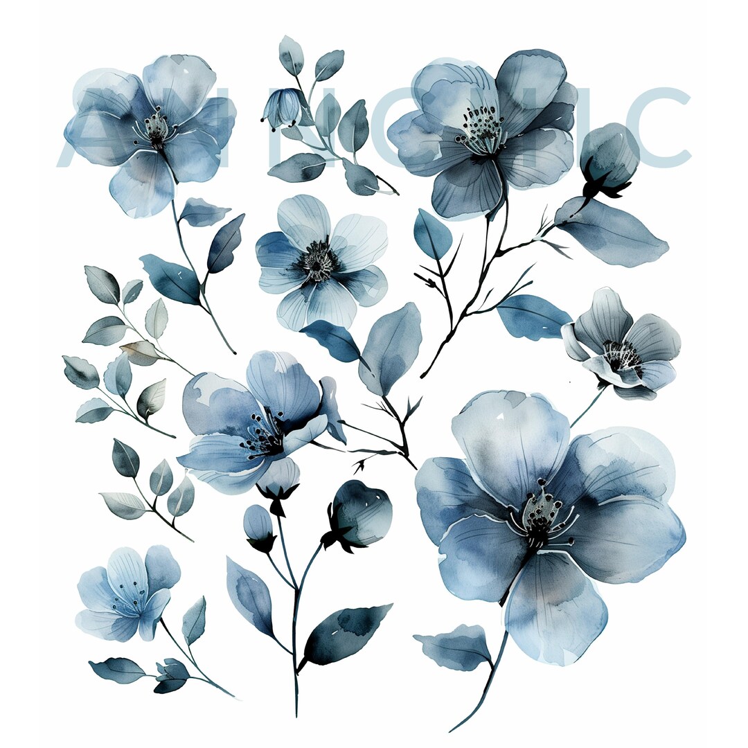 Blue Watercolor Flower, Floral Clipart, Watercolor Painting, Dusty Blue ...