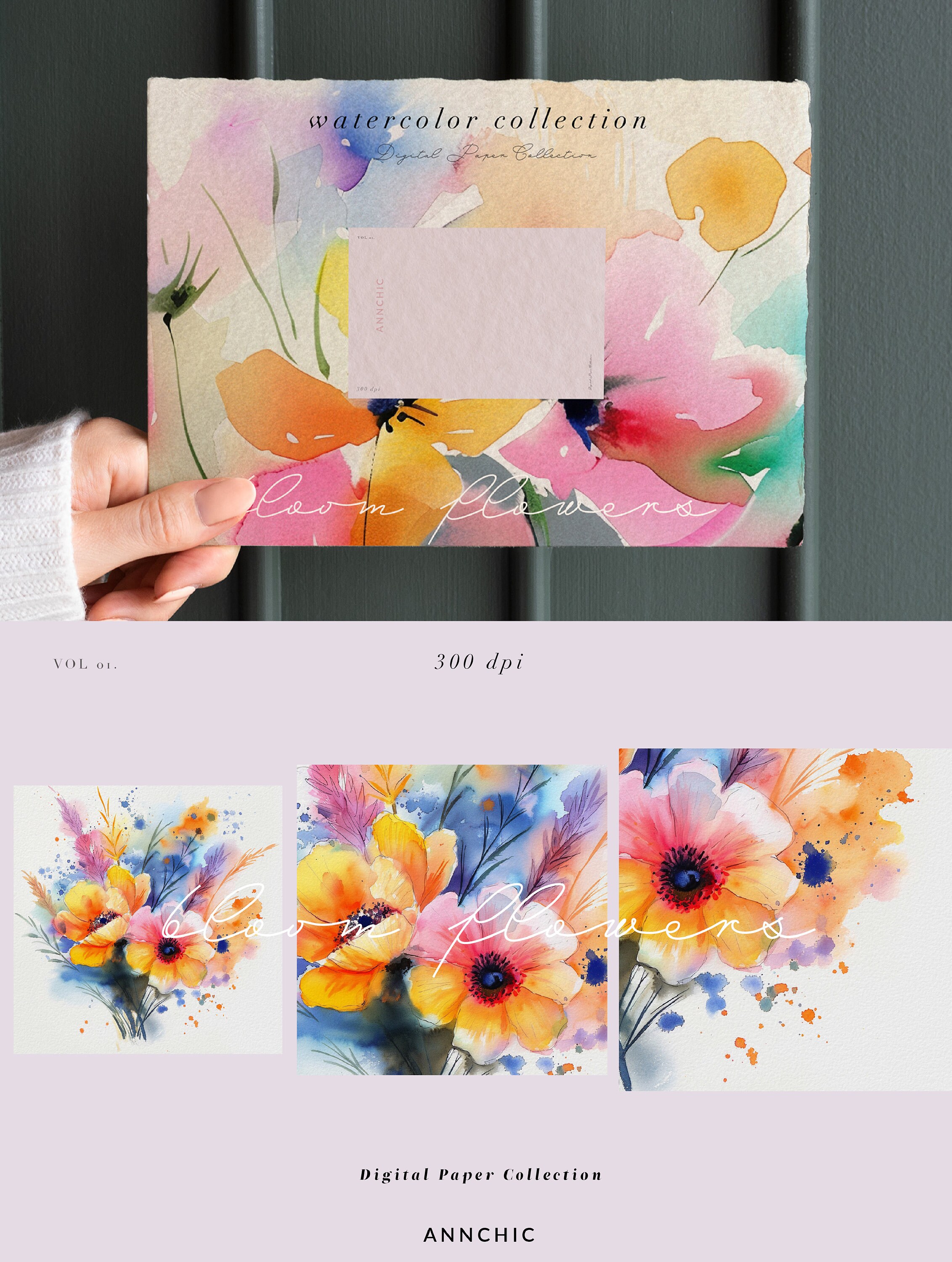 Watercolor Flowers, Digital Paper Abstract Flowers, Summer Bouquets ...