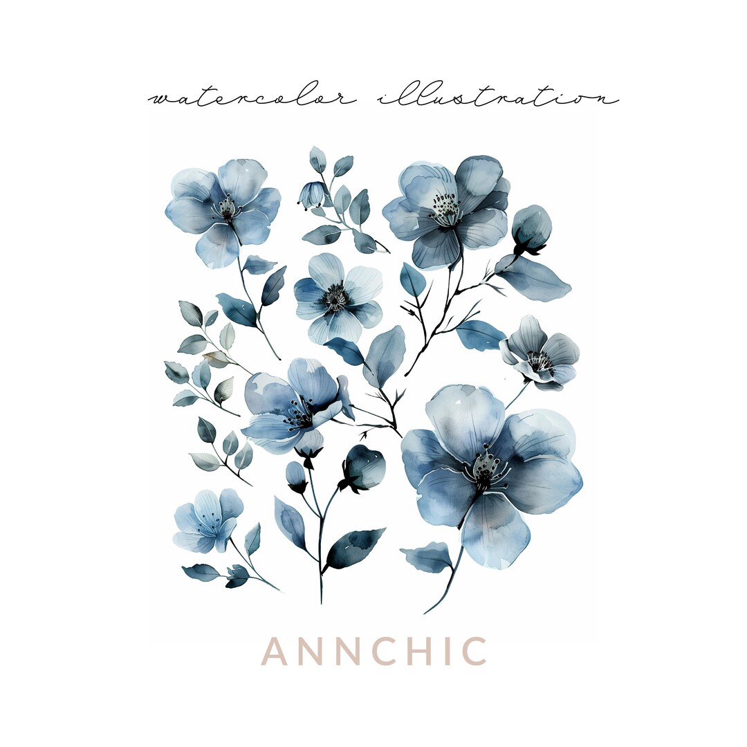 Blue Flower Watercolor Clip Art, Printable Watercolor Print PNG and ...