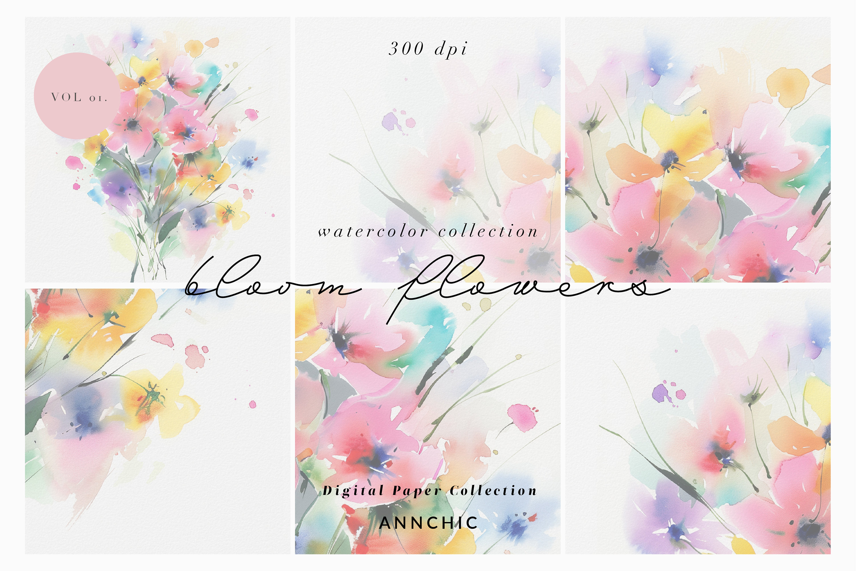 Watercolor Flowers, Digital Paper Abstract Flowers, Summer Bouquets ...